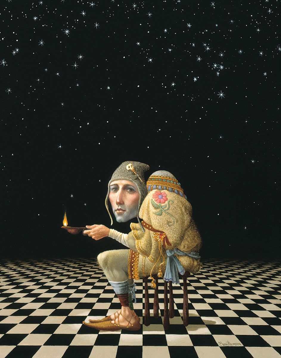 One Light by James Christensen features a humpback man sitting on a ...