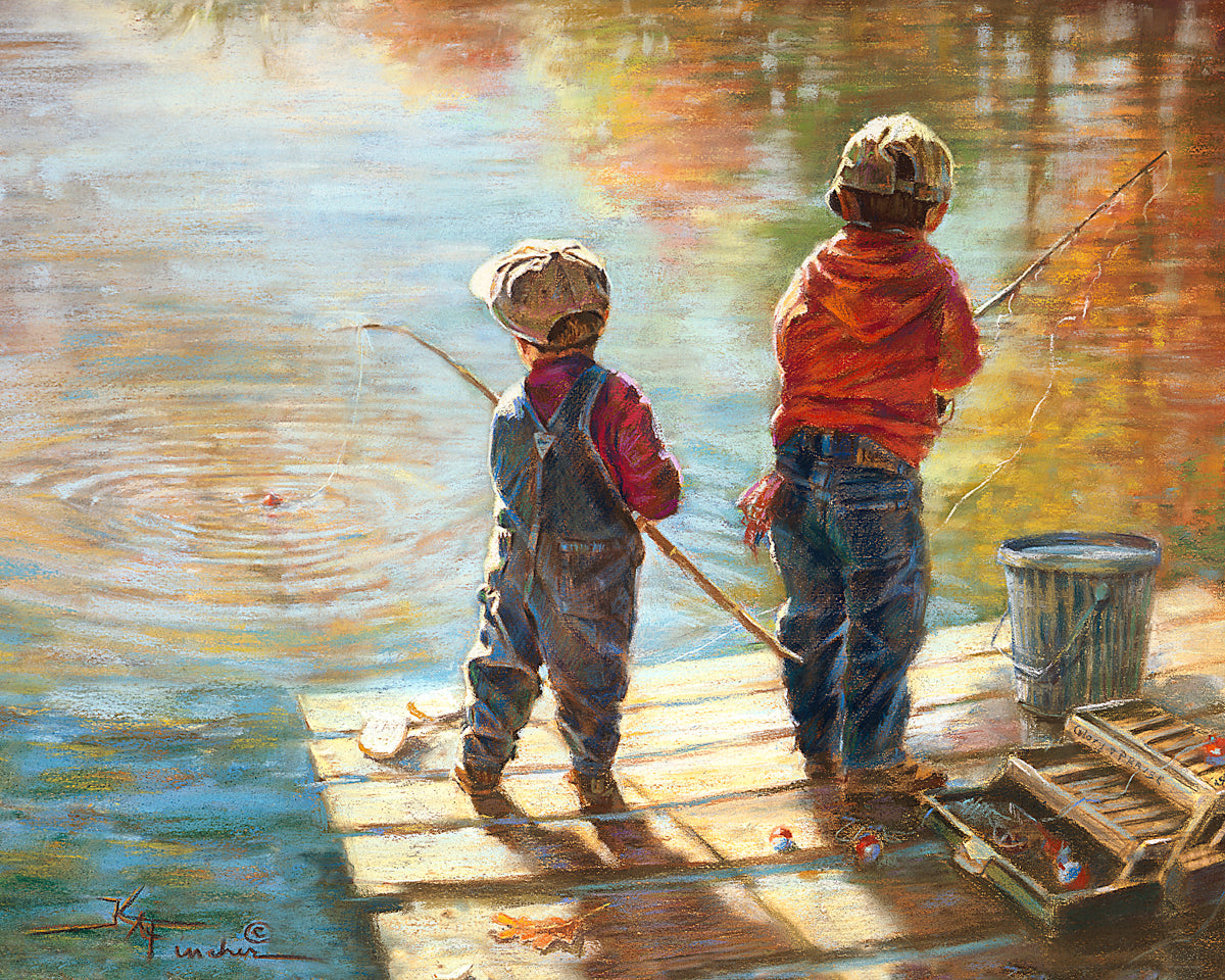 Keepers by Kathryn Fincher Two boys standing next to each on a dock ...